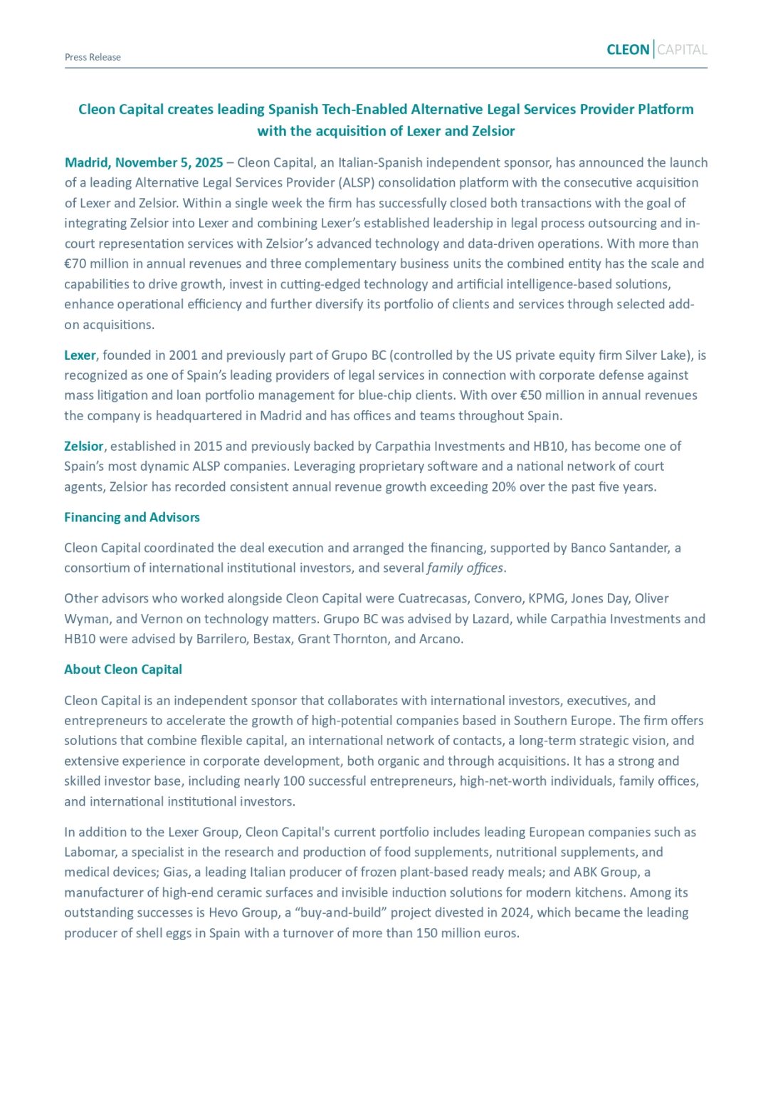 Cleon Capital acquires Lexer and Zelsior - Cleon Capital